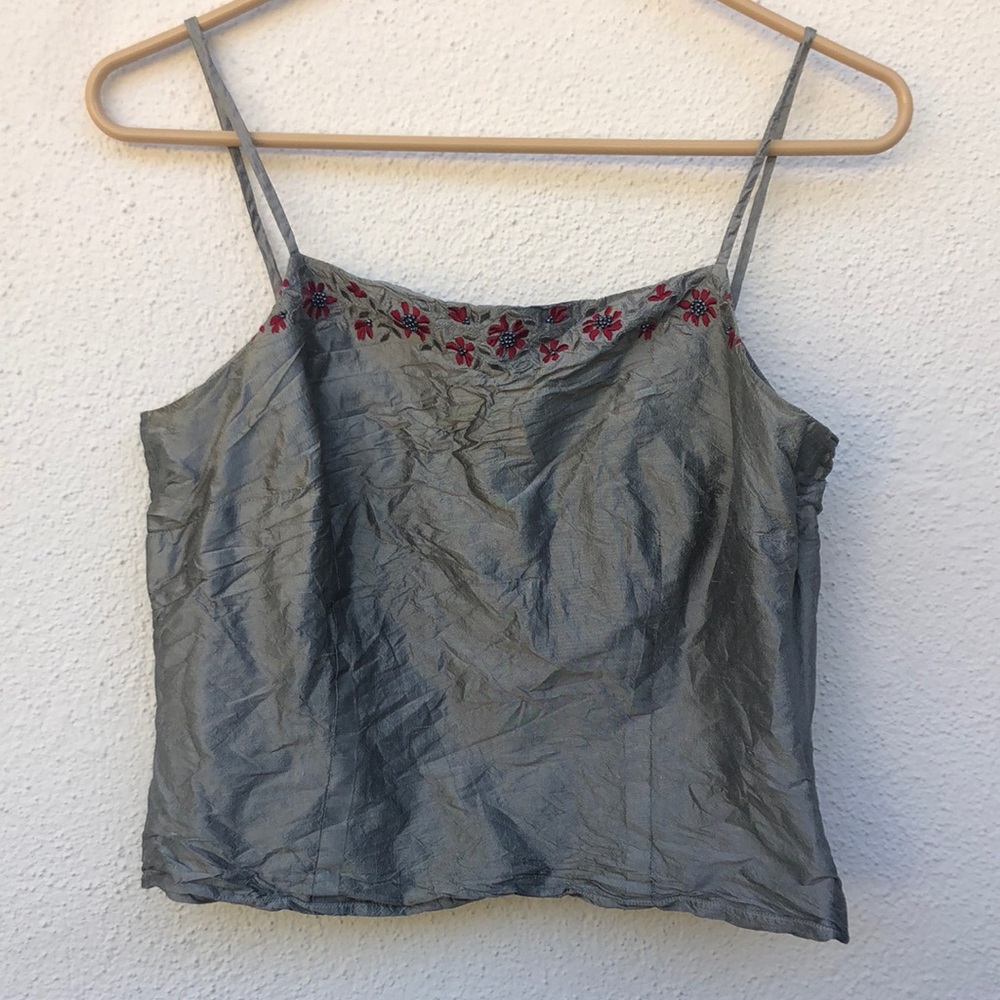 2000s Ann Taylor Silver Silk Crop Top W/ Red Floral E… - Gem